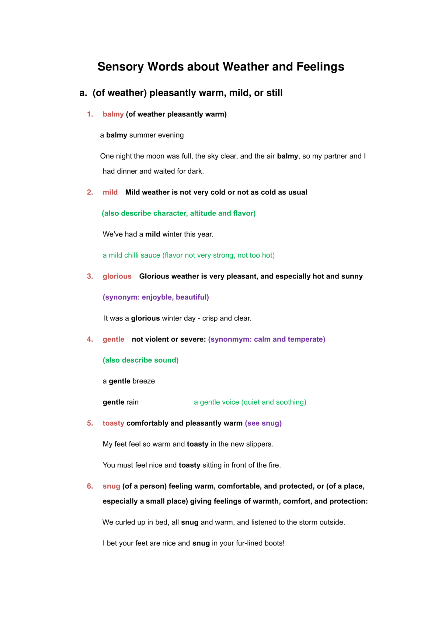 [Printable] Sensory Words to Describe Weather and Feeling: Warm, Cold ...