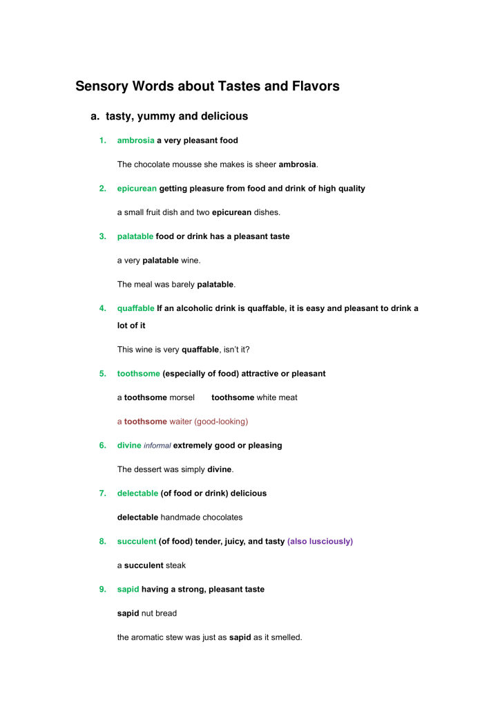 [Printable] Descriptive Words: Sensory Words about Tastes, Flavors, and ...