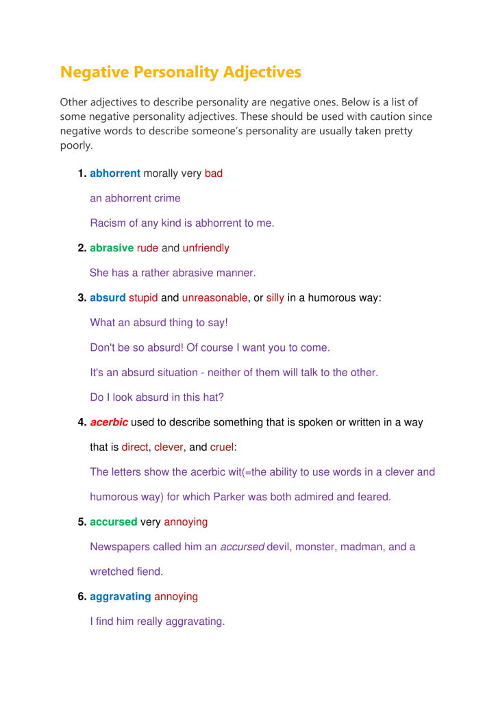 [Printable] Attributive adjectives: 197 Negative Personality Adjectives ...