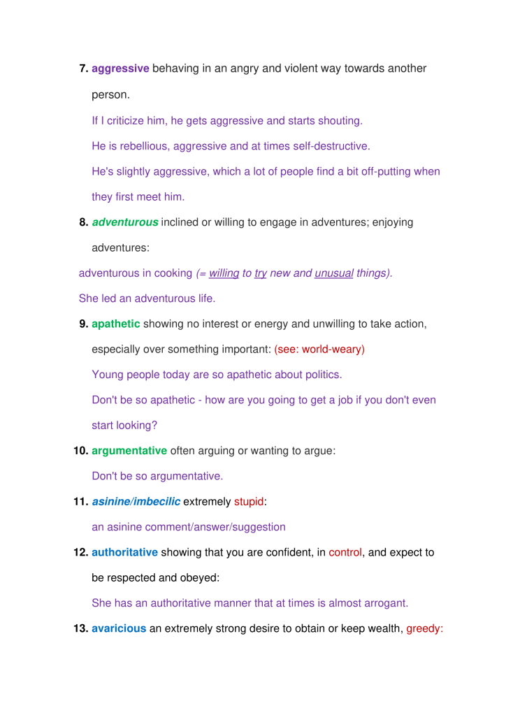 [Printable] Attributive adjectives: 197 Negative Personality Adjectives ...