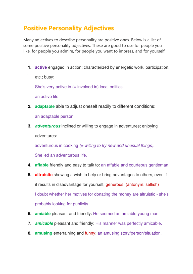 [Printable] Attributive adjectives: 132 Positive Personality Adjectives ...
